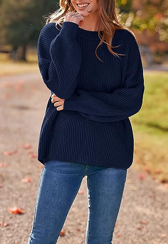 PRETTYGARDEN Long Sleeve Oversized Sweaters for Women Fall 2023 Crew Neck Solid Color Casual Knit Pullover Sweater Tops (Navy,Small)