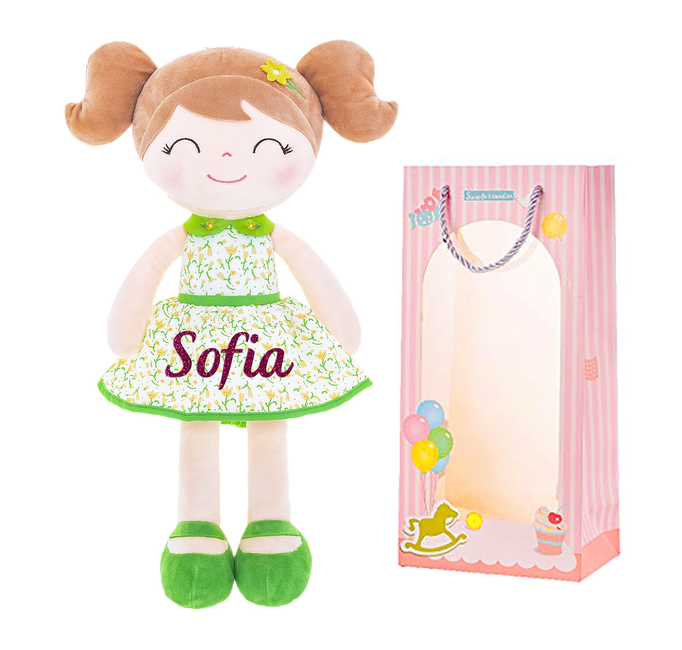 Gloveleya Personalized Doll with Your Name - Cute Green White Color Custom Soft Plush Doll for Girls Plush Doll Customized Gifts