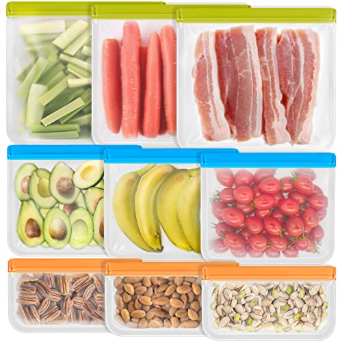 Reusable Freezer Bags Extra Thick & Leak Proof, 9 Pack BPA Free Silicone Bags for Food Storage, Travel, Marinate Meats, Fruit - 3 Gallon Bags & 3 Quart Bags & 3 Snack Bags