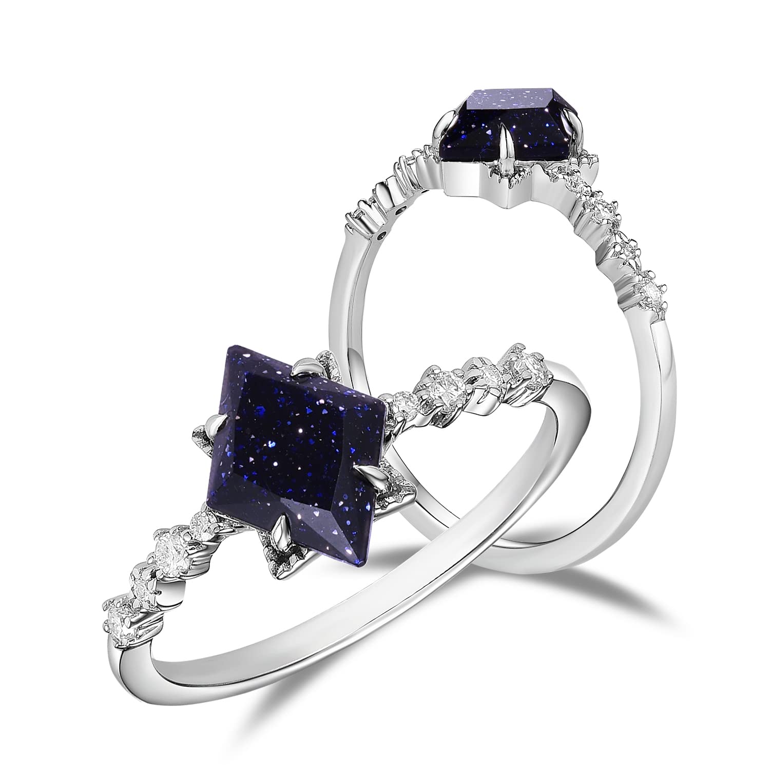 DovEggs Solid 14K White Gold Center 5x7mm Galaxy Blue Sandstone Kite Shape Gemstones Antique Floral Engagement Ring with Moissanite accents for Women Band Width 1.5mm(6.5)