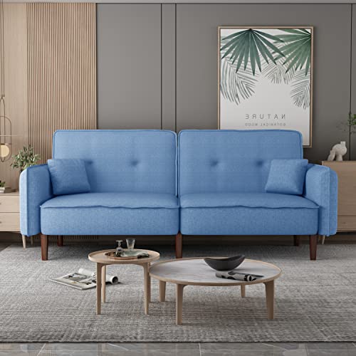 LyuHome 75" Sofa Bed,Modern Sofa Couch with Solid Wood Leg,Small Fabric 3 Seat Couch for Living Room/Office Blue
