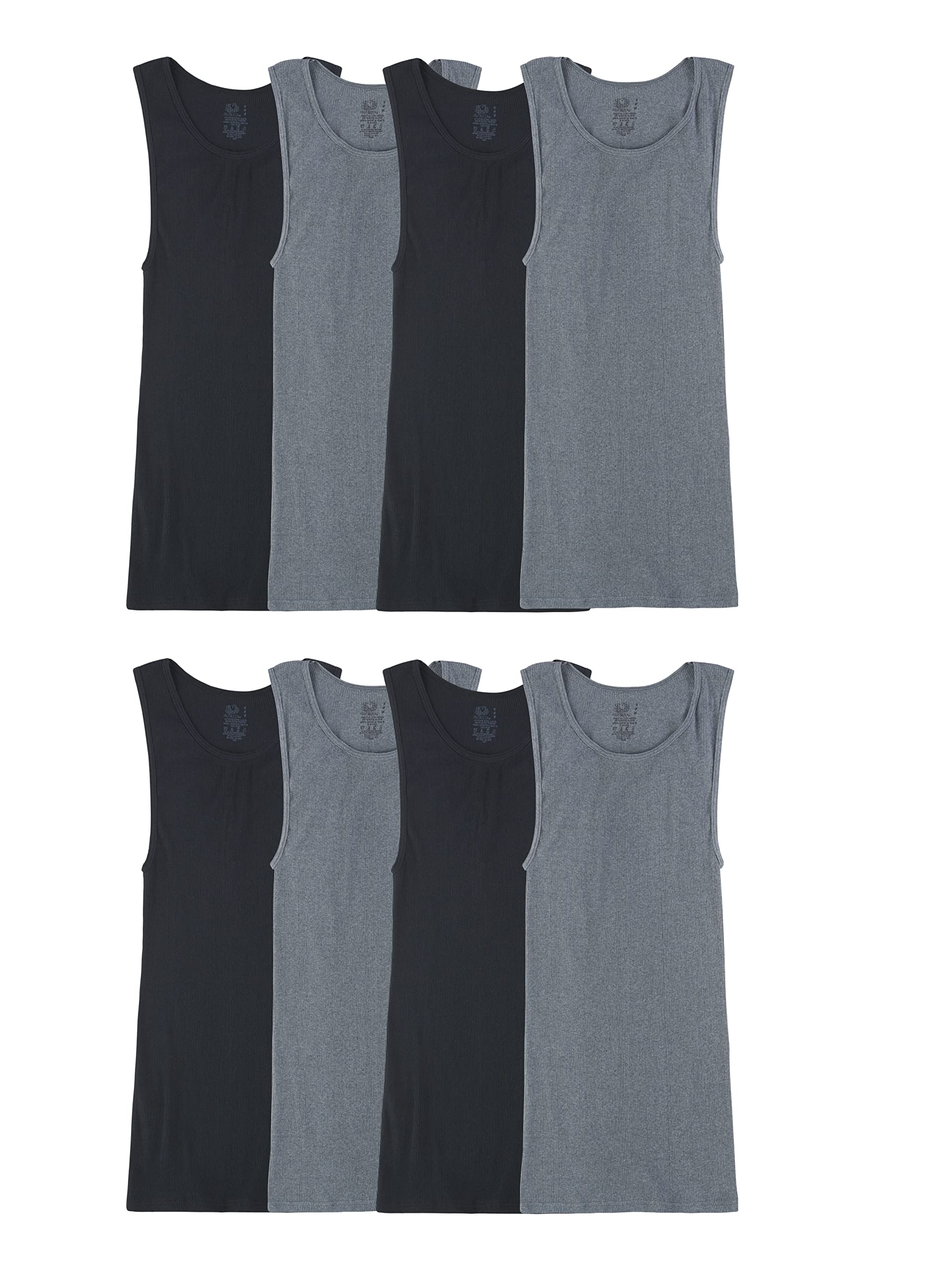 Fruit of the Loom Men's Sleeveless Tank A-Shirt, Tag Free & Moisture Wicking, Ribbed Stretch Fabric, 8 Pack-Black/Grey, Small