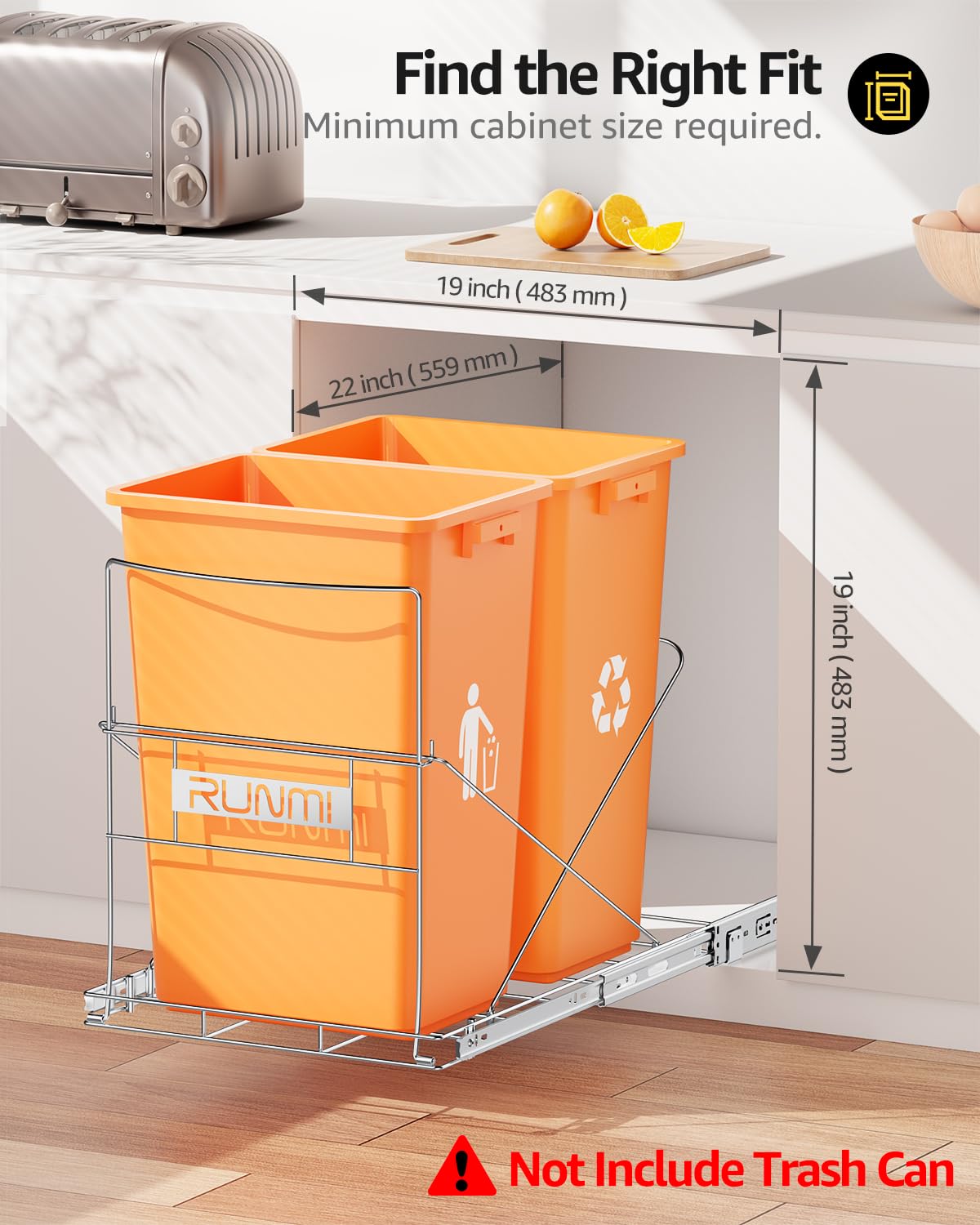 Double 37 Quart Pull Out Trash Can Under Cabinet, Under Sink Trash Can Rack, 70 Liter Total Capacity, Cabinet Trash Can Pull Out Kit, Not Included Can