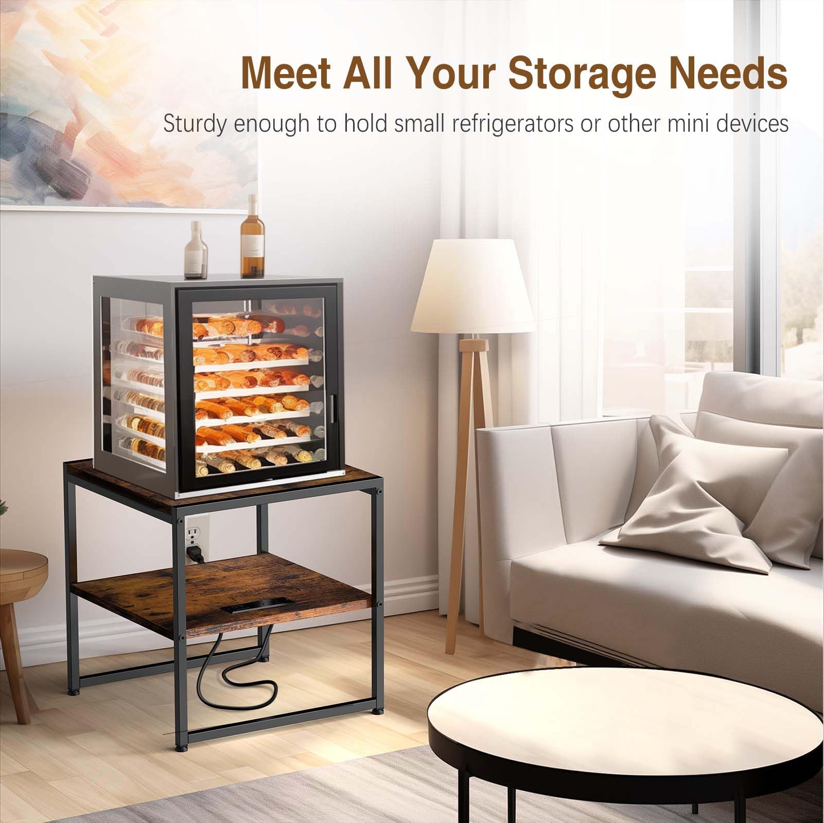 Tatub 20" End Table with Charging Station, Industrial Square Side Table with USB Ports & Outlets, Versatile 2-Tier Small Nightstand for Bedroom Living Room, Rustic Brown