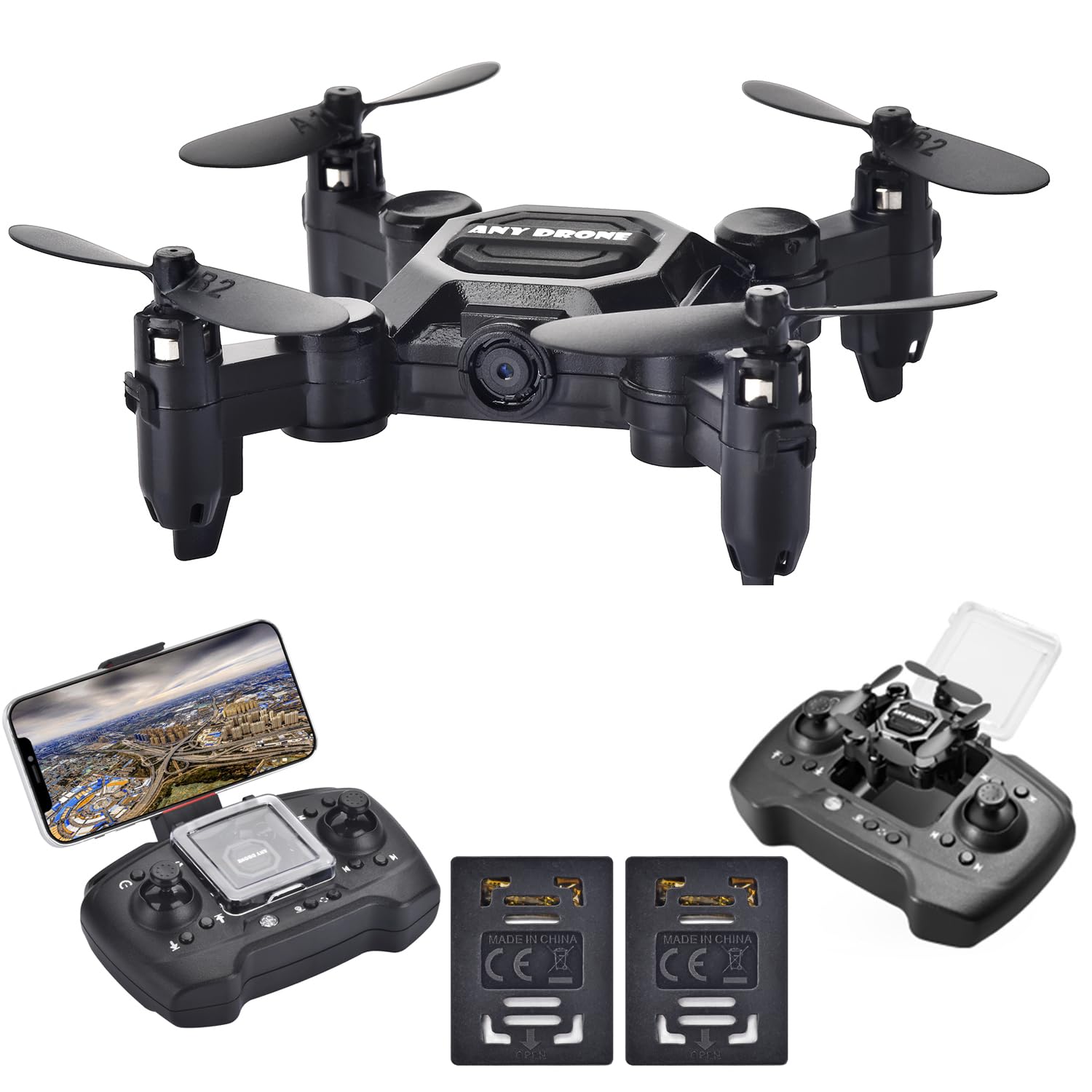 Foldable Mini pocket RC Quadcopter Drone for kids 10-12,beginners,smart hover,3D Flip,3 speed,led headlight,2 battery (Black)