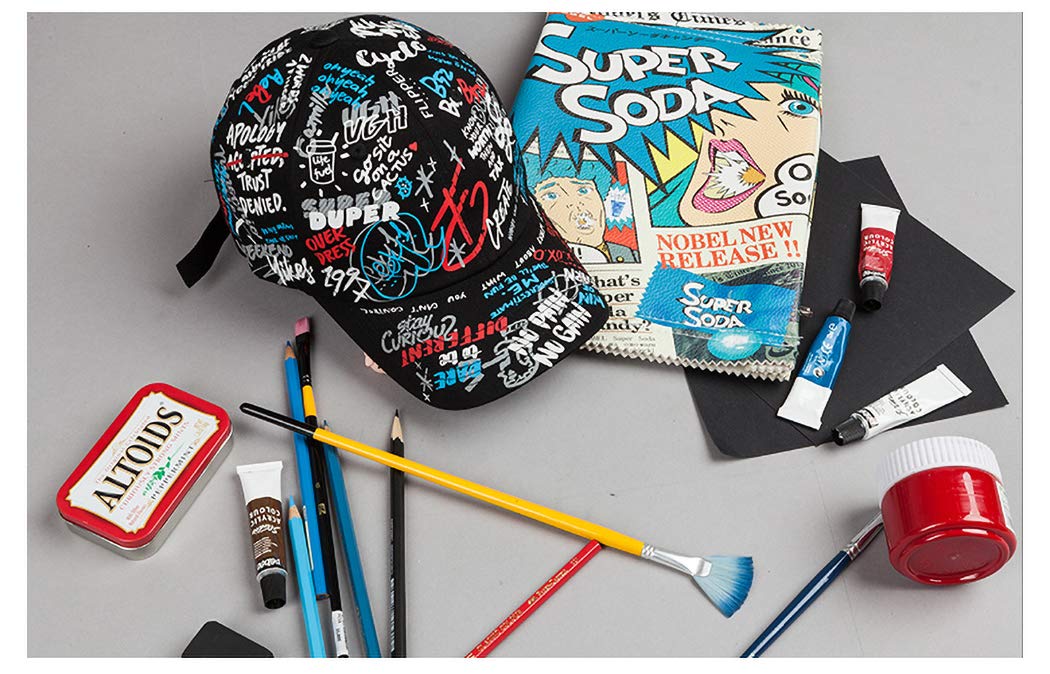 Flipper Designer Graffiti Doodle Cotton Baseball Cap for Men Women, Kpop Hat w/Curve Brim (White/Black, Free Size)
