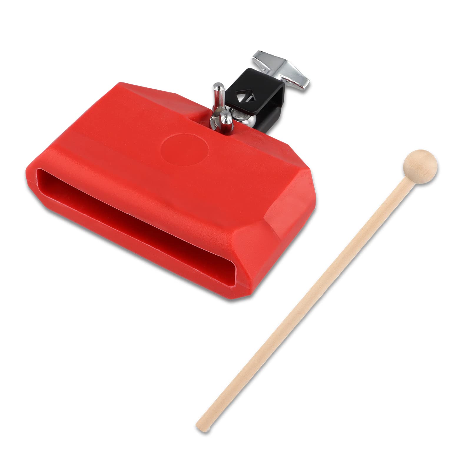 Jam Block, Plastic Cowbell Jam Drum Block with a Drumstick, Musical Percussion Block with Adjustable Mounting Bracket, Latin Drum Instrument, Red