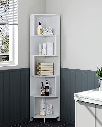 Yusong Bookshelf Corner Shelf Bookcase, Wooden 5-Tier Book Shelves Display Cabinet for Living Room,Bedroom,Bathroom, White