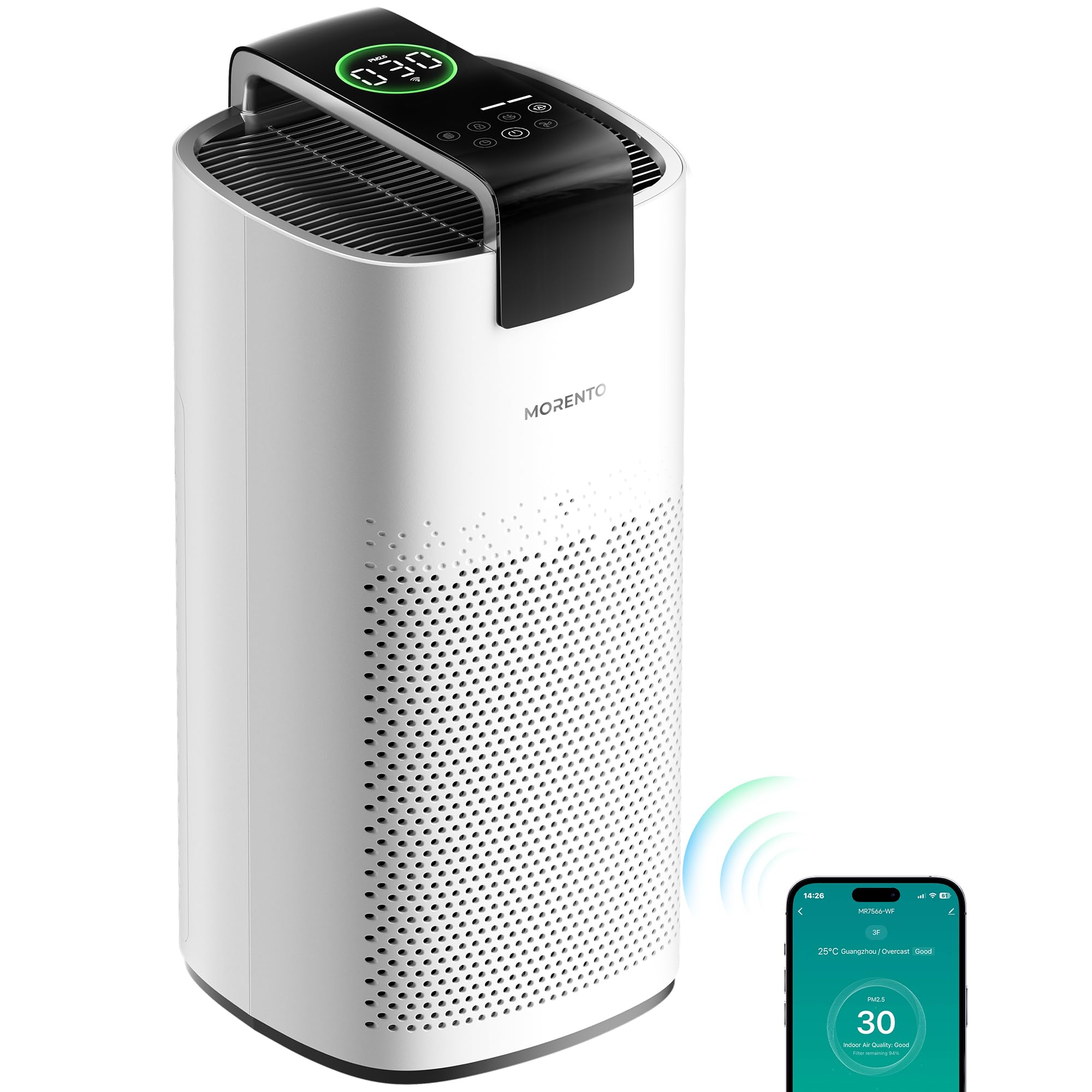 MORENTO Air Purifiers for Home Large Room Up to 2050 Ft² with PM 2.5 Air Quality Sensor, Smart WiFi and Sleep Mode, Hepa Filters Filter Airborne Particles, Handheld Home Air Purifier - White