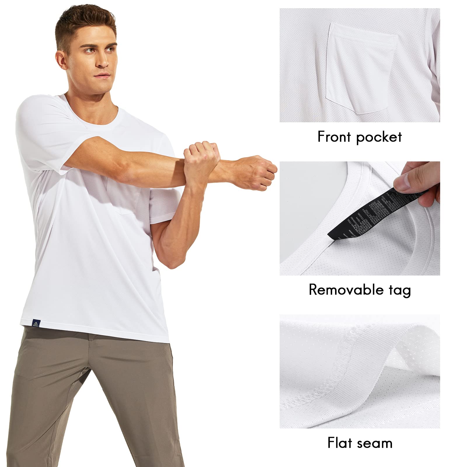 Haimont Mens White Active Quick Dry Crew Neck T Shirts with Pocket, Athletic Running Gym Workout Polyester Short Sleeve Tees, White, X-Large