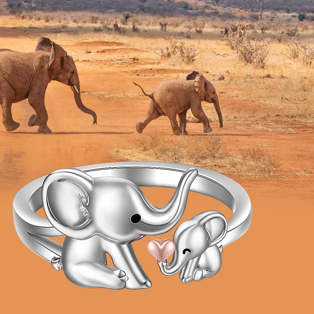 Fenthring Sterling Silver Elephant Ring Mama Elephant Rings Rose Gold Plated Heart Family 2 Elephants Gift Size 9