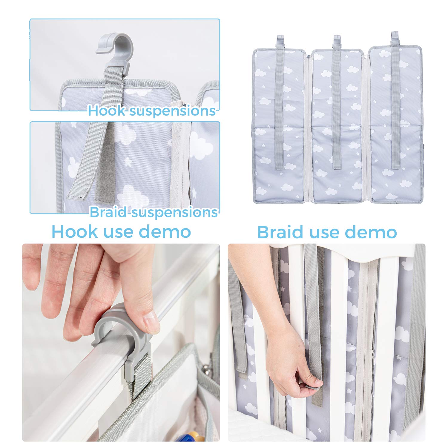 IvyWind Hanging Diaper Caddy For Baby Essentials | Crib Organizer No Sagging | Diaper Organizer for Changing Table, pack n play, Wall(Gray)