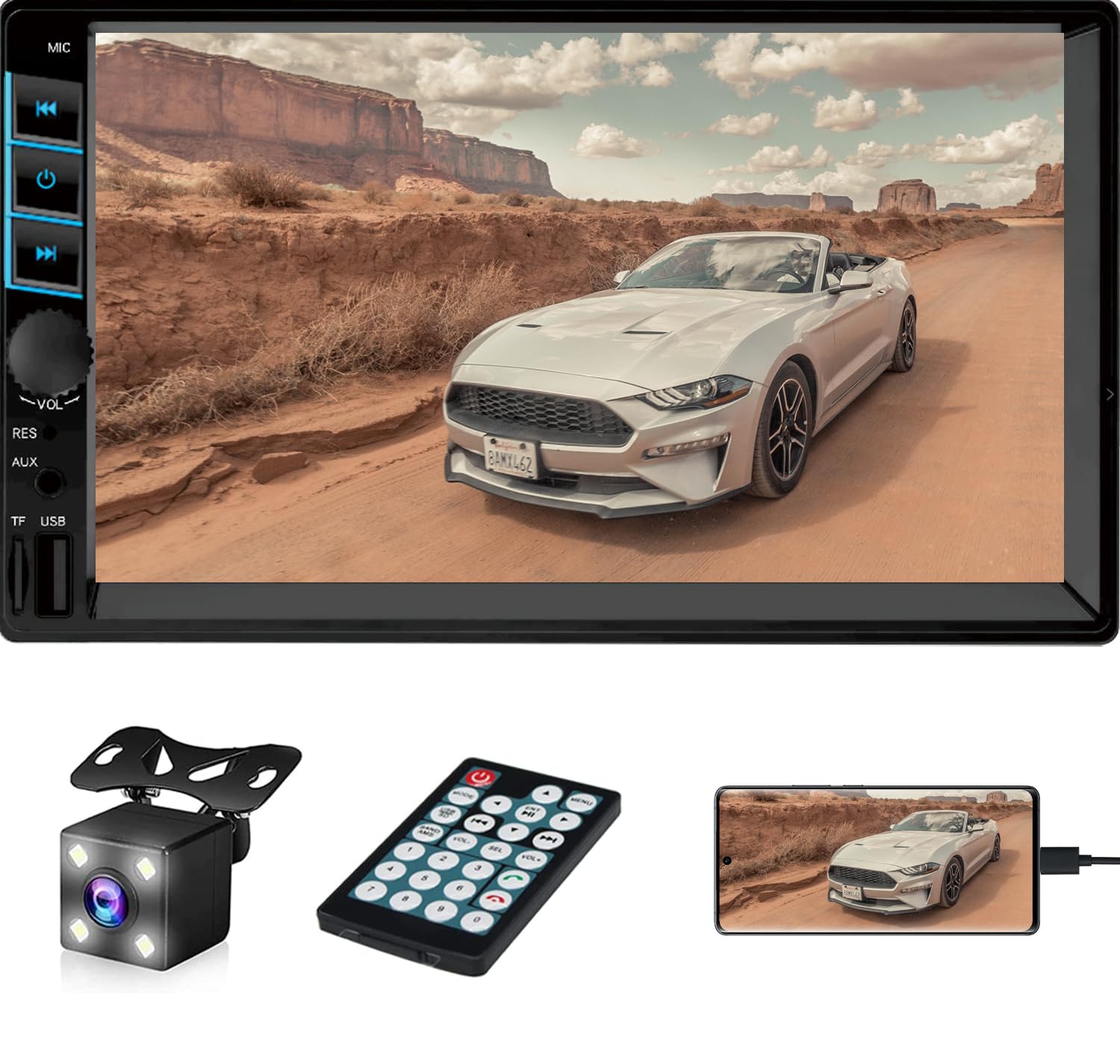 Double Din Car Stereo Radio with Mirror Link, 7 Inch Touch Screen Car Radio Stereo with Backup Camera, Multimedia Car Audio Receivers Support Mirror Link, FM/USB/AUX/EQ, Steering Wheel Control