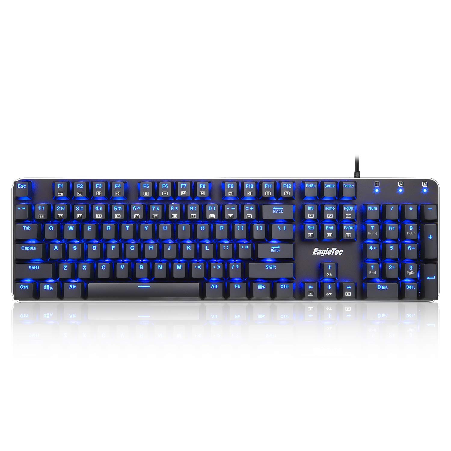 EagleTec KG050-BR LED BLUE Backlit Mechanical Gaming Keyboard Low Profile Mechanical Gamers Keyboard 104 Key Metal Mechanical Computer USB Gaming Keyboard for PC (BLACK)