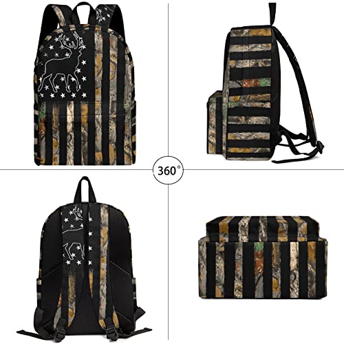 Ridzorgt Fox Backpack, Lightweight College Bookbag Durable Laptop Wear-resistant Rucksack, Casual Daypack for Office (Camo Forest Deer Flag)