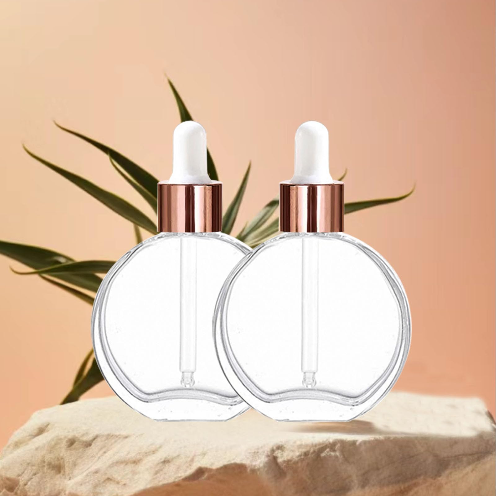 PYAWI 6Pcs, 2 oz Glass Dropper Bottles for Essential Oils ,60ml flat round perfume bottle with Eye Droppers, for Essential Oils, Perfumes, Serums - Leakproof for Travel (A- Clear/Rose Gold)