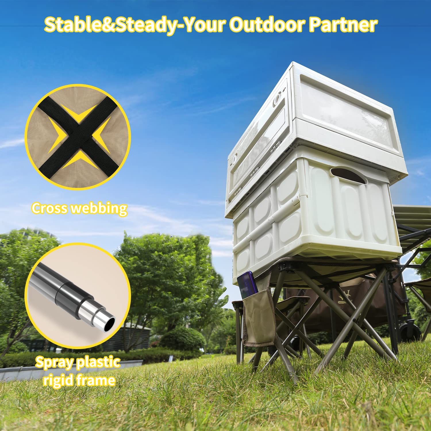 Folding Collapsible Wagon +Folding Stools*2, Utility Camping Park Wagon Cart with Aluminum Table Plate, Utility Camping Park Wagon Cart with Aluminum Table Plate