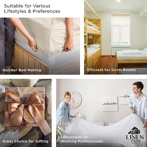 Linen Home 100% Cotton Percale Fitted Sheet Set King Size, Ivory, Deep Pocket, 3 Piece - 1 Deep Pocket Fitted Sheet and 2 Pillowcases, Crisp Cool and Strong Bed Linen