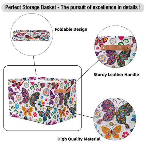 Pardick Floral Butterfly Large Collapsible Storage Bins ,Flying Butterfly Decorative Canvas Fabric Storage Boxes Organizer with Handles,Rectangular Baskets Bin for Home Shelves Closet Nursery Gifts