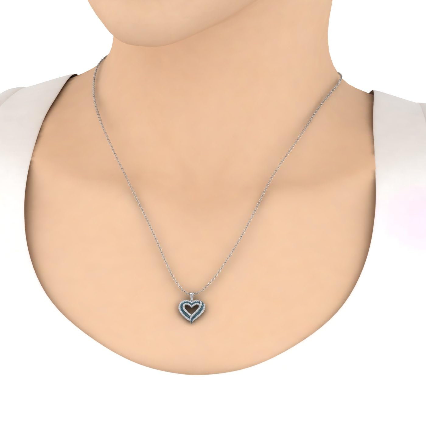 FINEROCK 1/2 Carat Blue Diamond & White Diamond Heart Pendant Necklace in 925 Sterling Silver