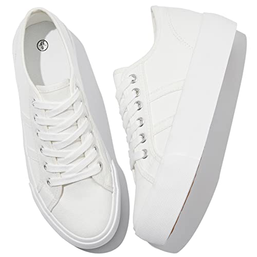Waluzs Platform Sneakers for Women Low Top Platform Shoes Lace Up Womens Canvas Shoes Breathable White Tennis Shoes (White,US5)