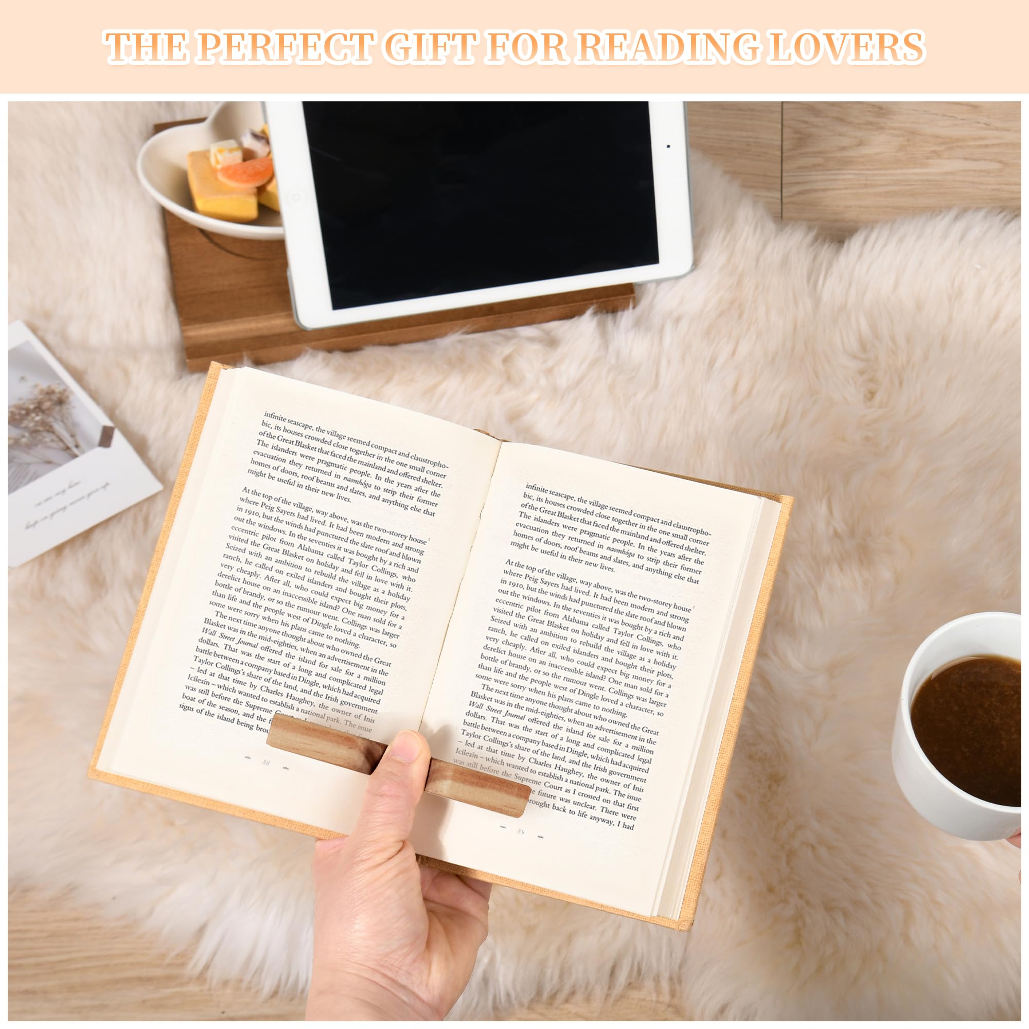 TEGIVONA Wood Small Bookshelf, Triangle Bookmark with Book Page Holder, Night Stand Book Holder, Mini Bookcase Rest with Coffee Drink Holder for Office, Book Rest and Mug Stand, Gifts for Book Lover