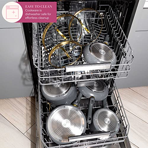 Paris Hilton Epic Nonstick Pots and Pans Set, Multi-layer Nonstick Coating, Tempered Glass Lids, Soft Touch, Stay Cool Handles, Made without PFOA, Dishwasher Safe Cookware Set, 12-Piece, Charcoal Gray