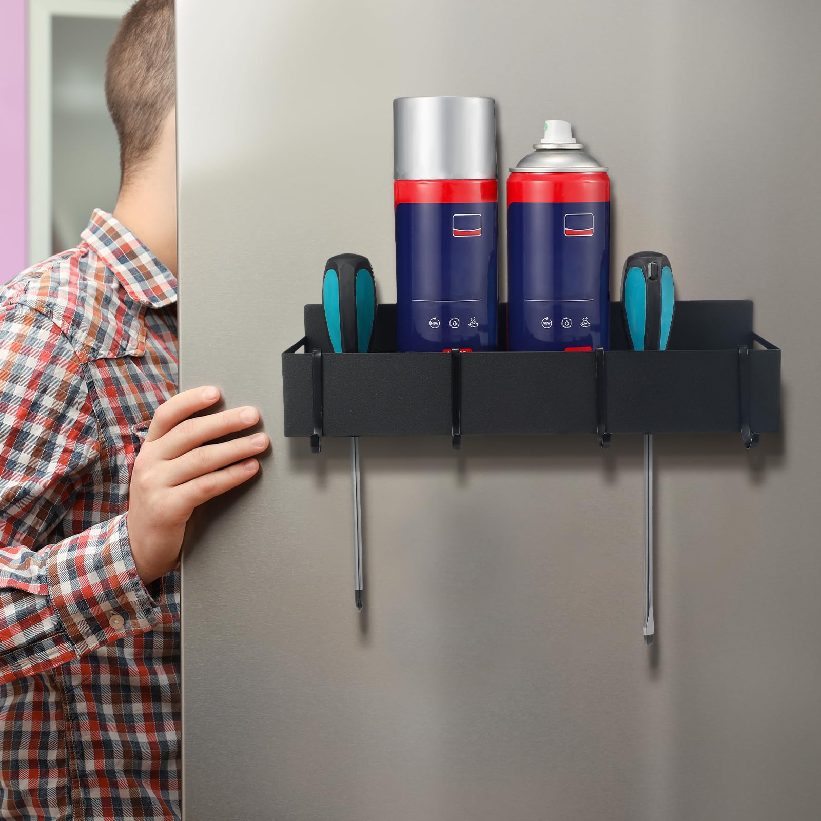 MorningRo 4 Pcs Magnetic Aerosol Spray Can Holder with 4 Hook Magnet Toolbox Bottle Holder 2 Size Wall Mounted Spray Bottle Holder Spray Can Organizer Aerosol Can Rack for Garage Home Workspace, Black