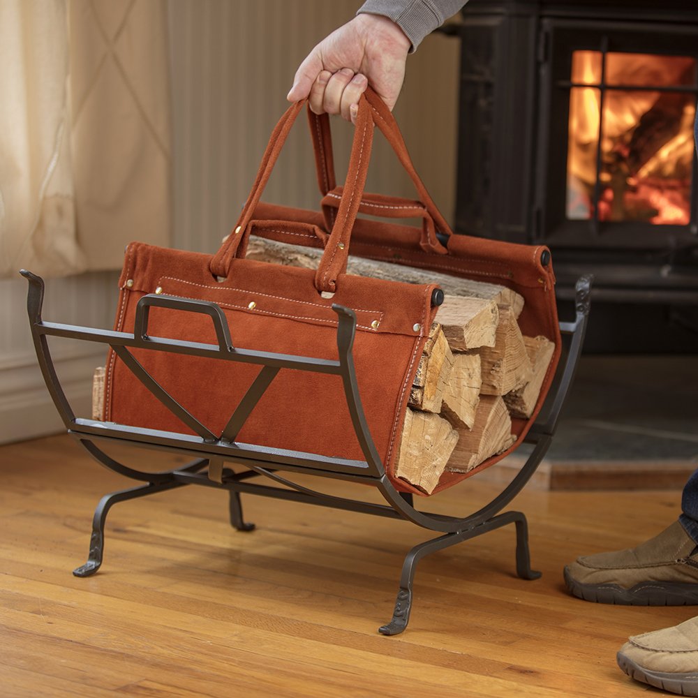 Uniflame Olde World Iron Firewood Log Holder with Suede Leather Carrier