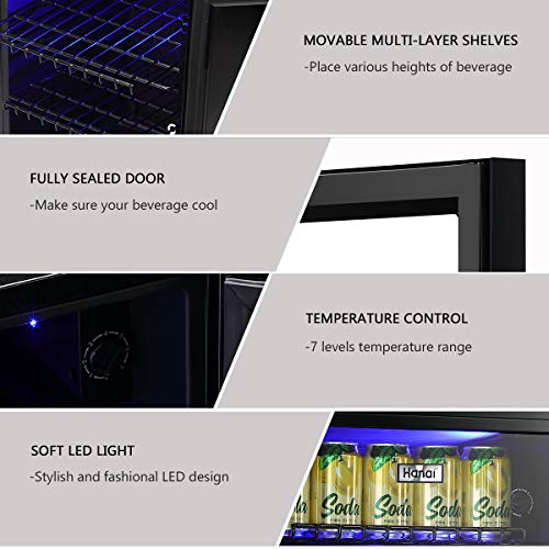 WANAI Beverage Refrigerator Cooler Fridge Glass Door 100Can Beer Fridge Cooler Drinks Wines Juice Soda Cooler Adjustable Shelves Blue LED Lights Temp Control for Home Office Dorm 3.2 Cu. Ft Shelves Blue LED Lights Temp Control for Home Office Dorm Bar 3.2