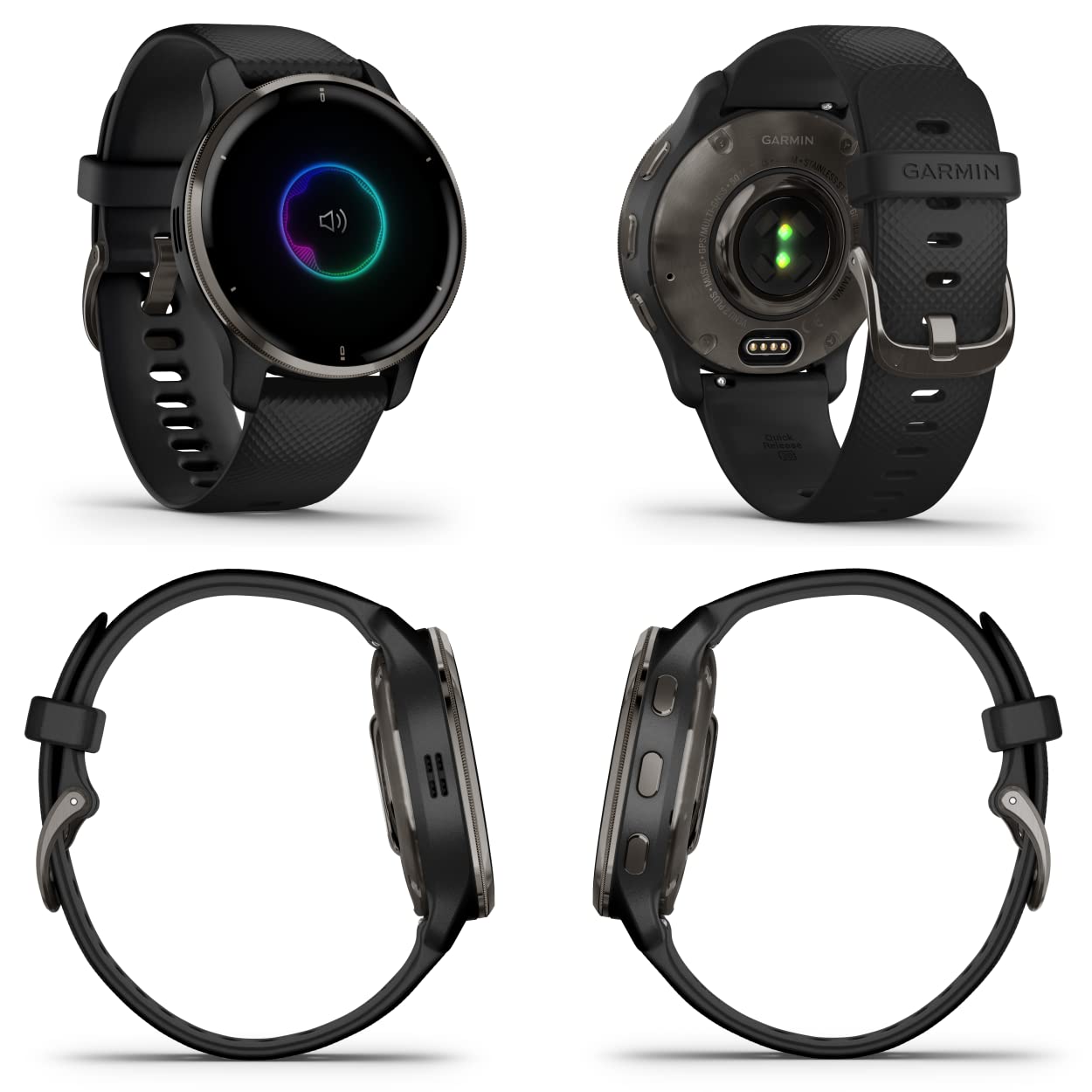 Wearable4U Garmin Venu 2 Plus GPS Multisport Smartwatch, 33 mm with AMOLED Display, Call and Text, Music, Adv HM+FF, Slate Bezel with Black Case Black Earbuds Bundle