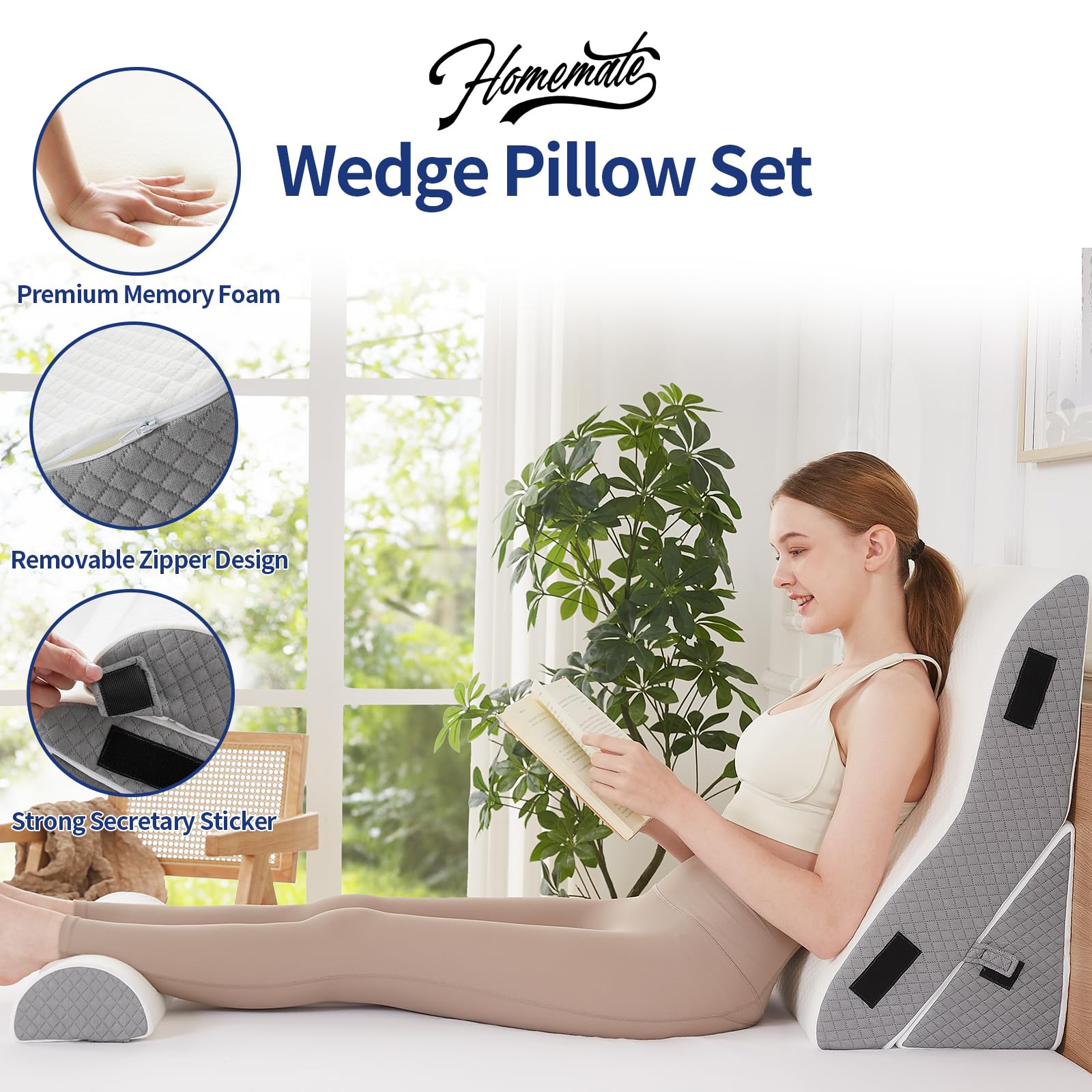 Homemate 3 PCS Upgraded Orthopedic Bed Wedge Pillow Set - Post Surgery Foam Pillow for Back, Leg and Knee Pain Relief,Adjustable 16.5" Wide Triangle Pillow for Sleeping Acid Reflux & GERD & Snoring