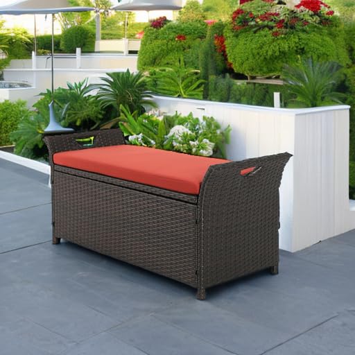Ulax furniture Outdoor Storage Bench Rattan Style Deck Box w/Cushion