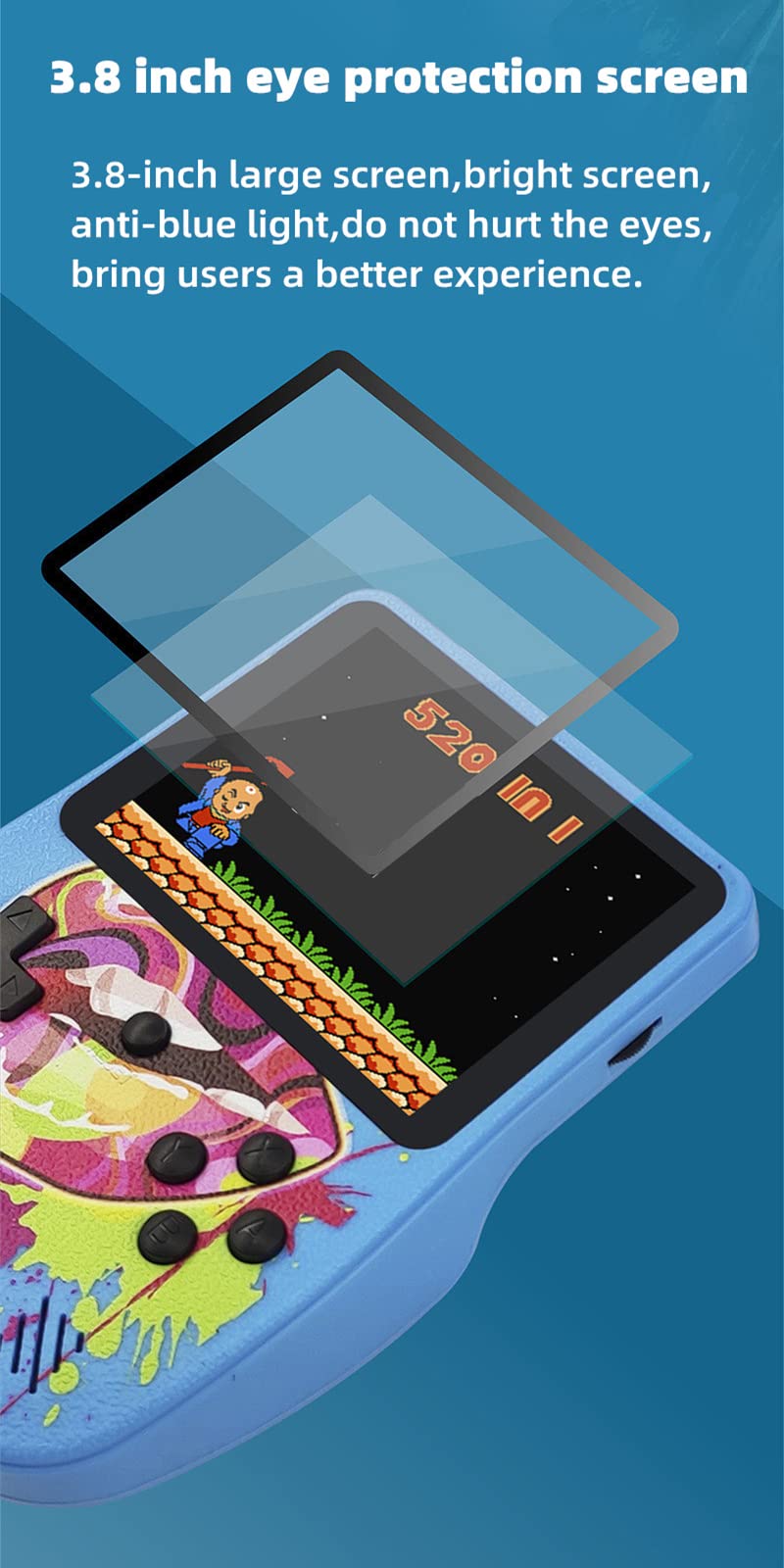 HLF 3.8 inch Retro Video Game Console Dual Handle 520 in 1 Game Portable Handheld Game Device Desktop Stand AV-Out TV Output Rechargeable Lithium Battery Gift for Children (Blue)