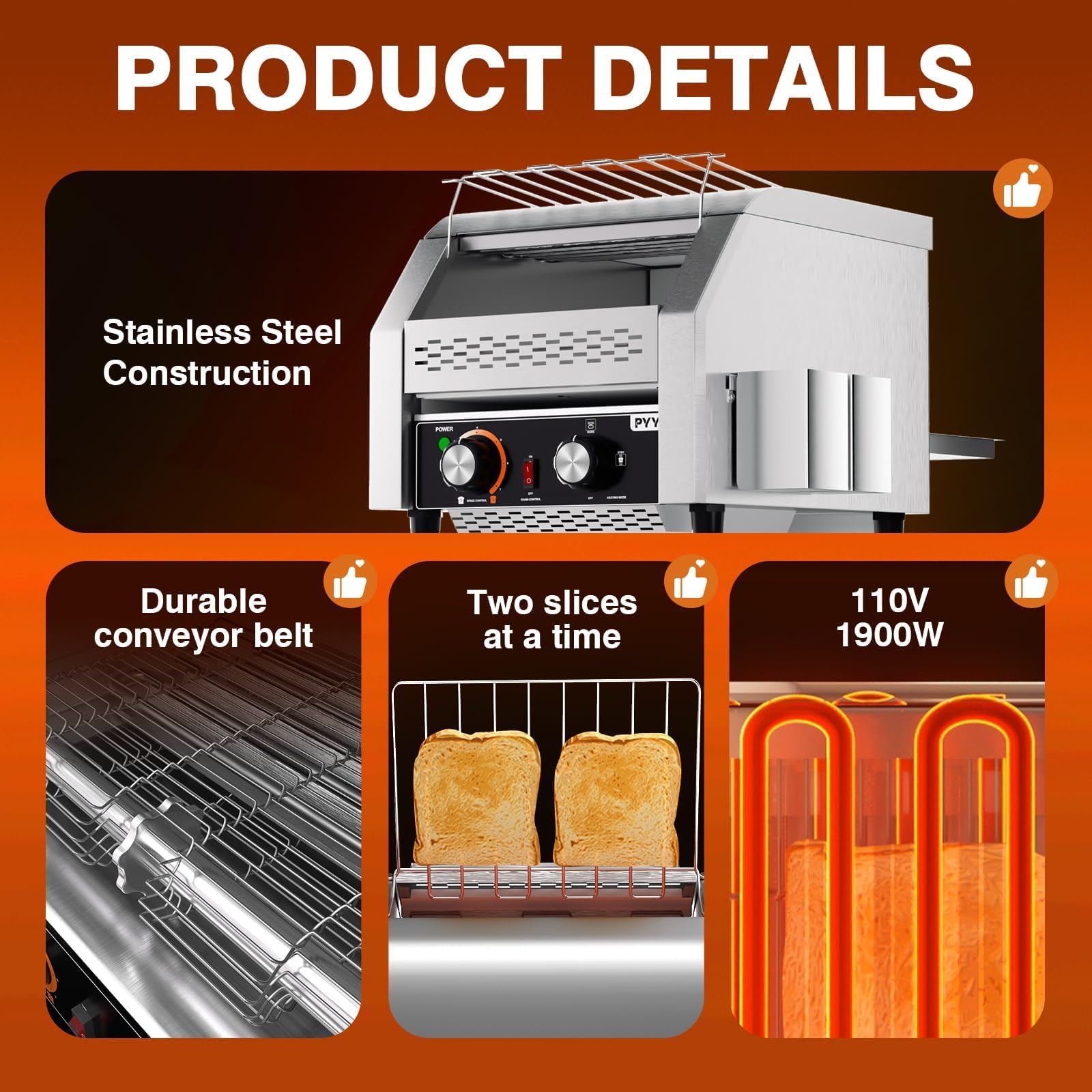 PYY Commercial Conveyor Toaster 300 Slices - Stainless Steel Commercial Toaster for Restaurant School, 1800Watt