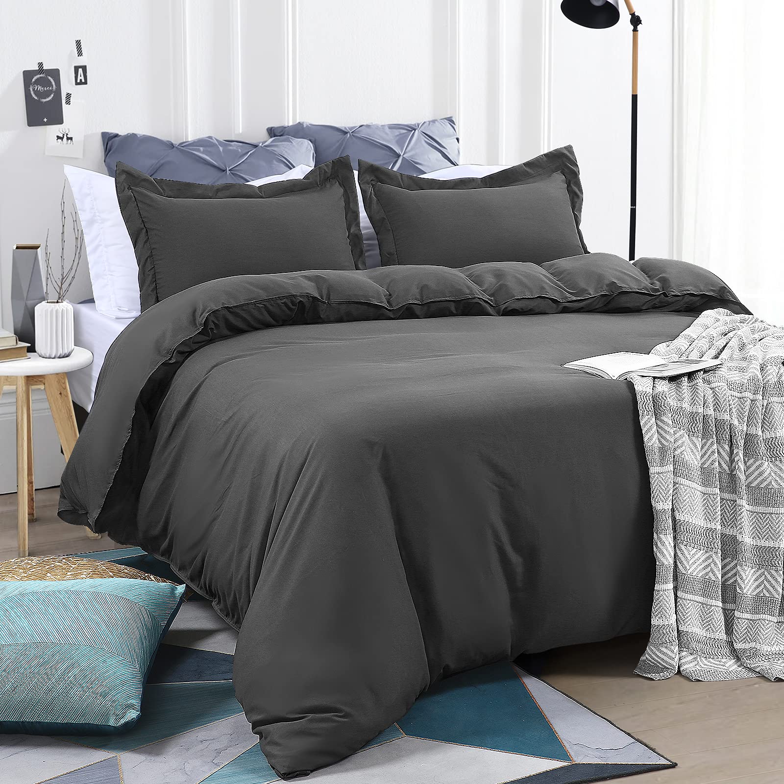 TEKAMON All Season 2 Piece Duvet Cover Set, Super Soft Breathable 100% Brushed Microfiber Premium Bedding Set -1 Comforter Cover with Zipper Closure+1 Pillow Sham (Twin, Dark Grey)
