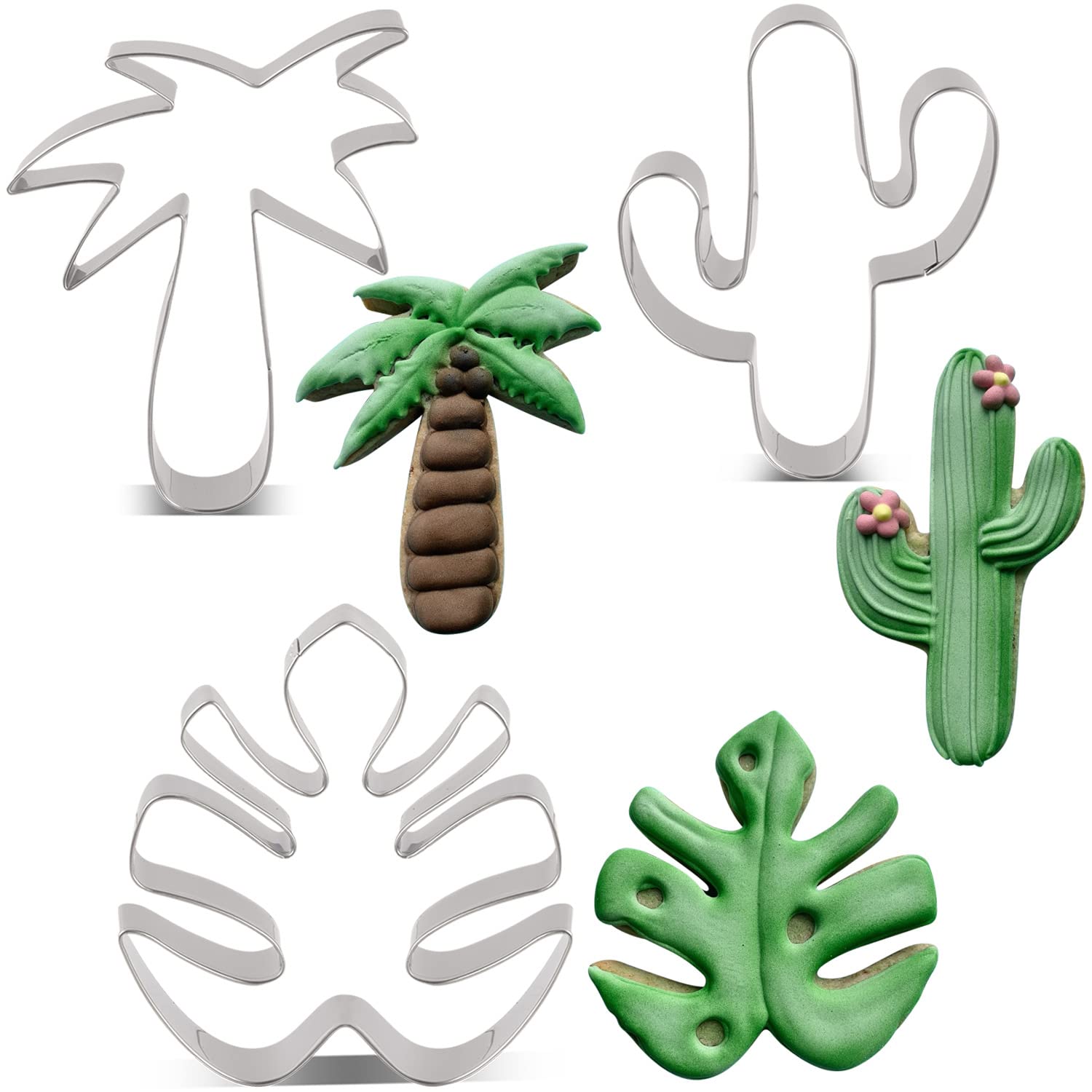 LILIAO Tropical Flamingo Cookie Cutter Set - 3 Piece - Palm Tree, Cactus and Tropical Monstera Leaf Biscuit Fondant Cutters - Stainless Steel
