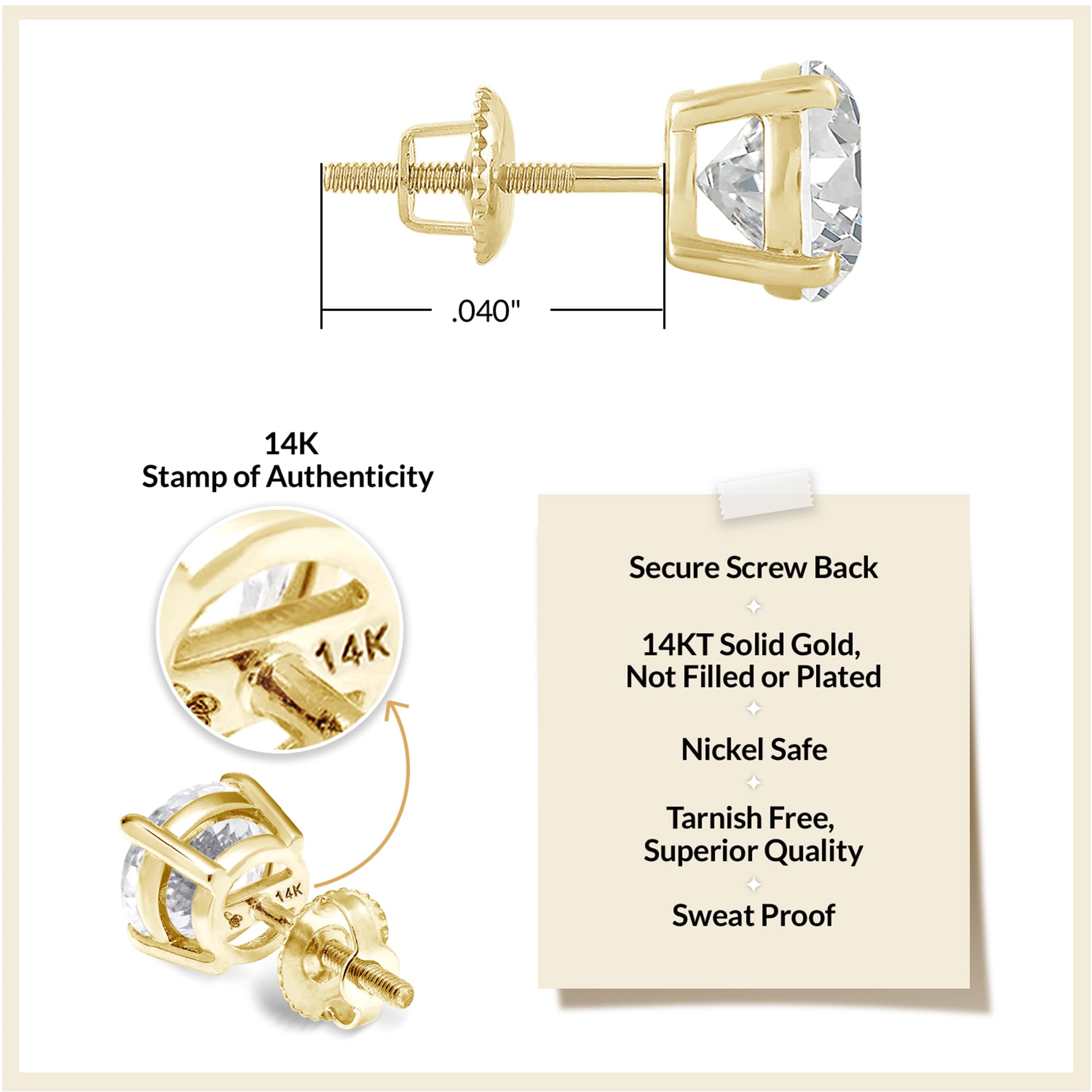 Everyday Elegance Solid 14K Yellow Gold Cubic Zirconia Stud Earrings for Women in Round Cut | Screw Back Earring | 1.5 CTW CZ | With Gift Box