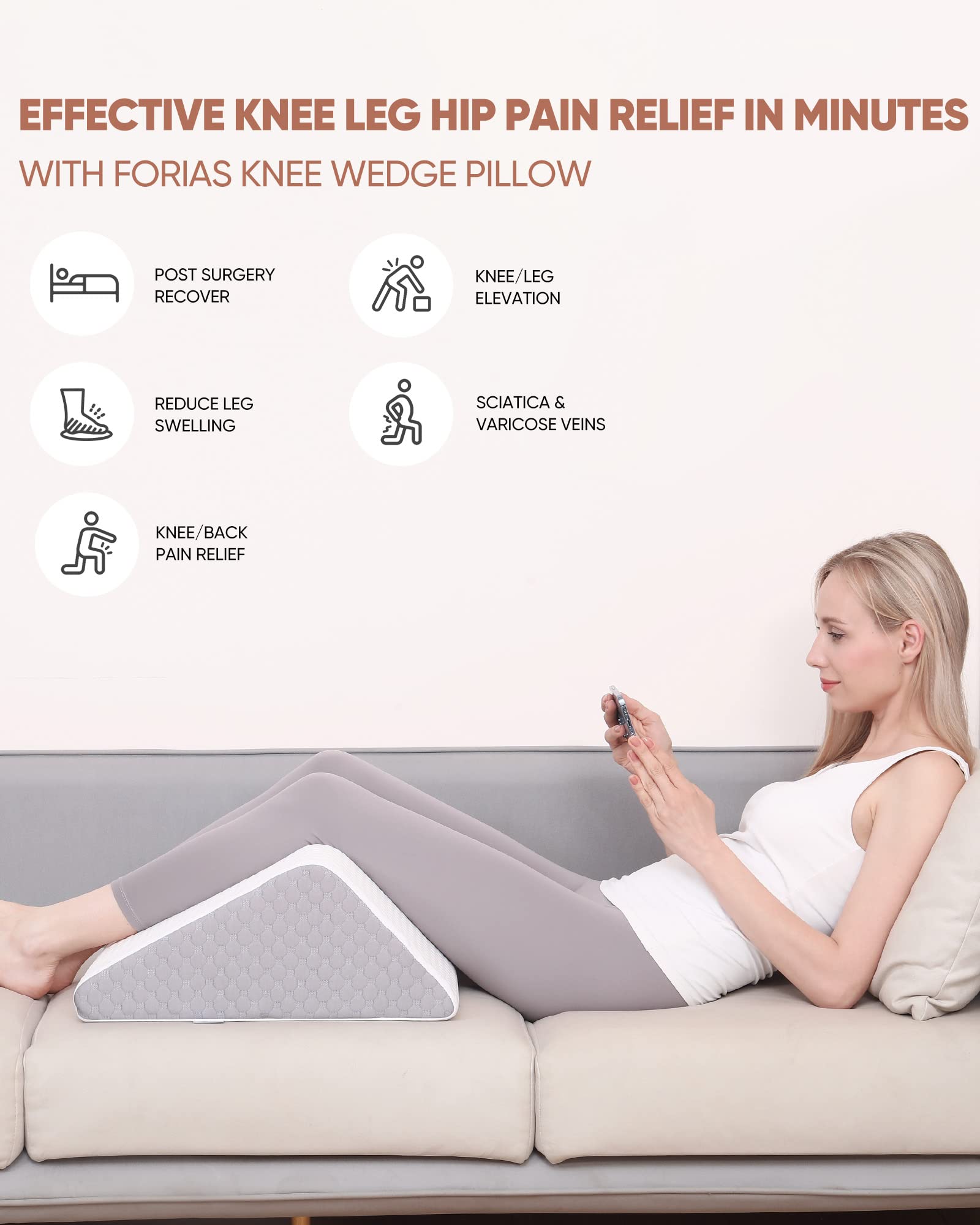 Forias Knee Wedge Pillow 8" Pure Memory Foam Bed Wedge Pillow for Sleeping After Surgery Triangle Pillow for Knee Support Leg Elevation Sciatica Knee Hip Back Pain Relief