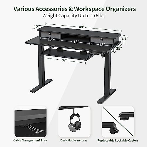 FEZIBO 55 x 24 Inch Dual Motor Height Adjustable Electric Standing Desk with Keyboard Tray, Sit Stand Table with Splice Board, Black Frame/Black and Rustic Brown Top
