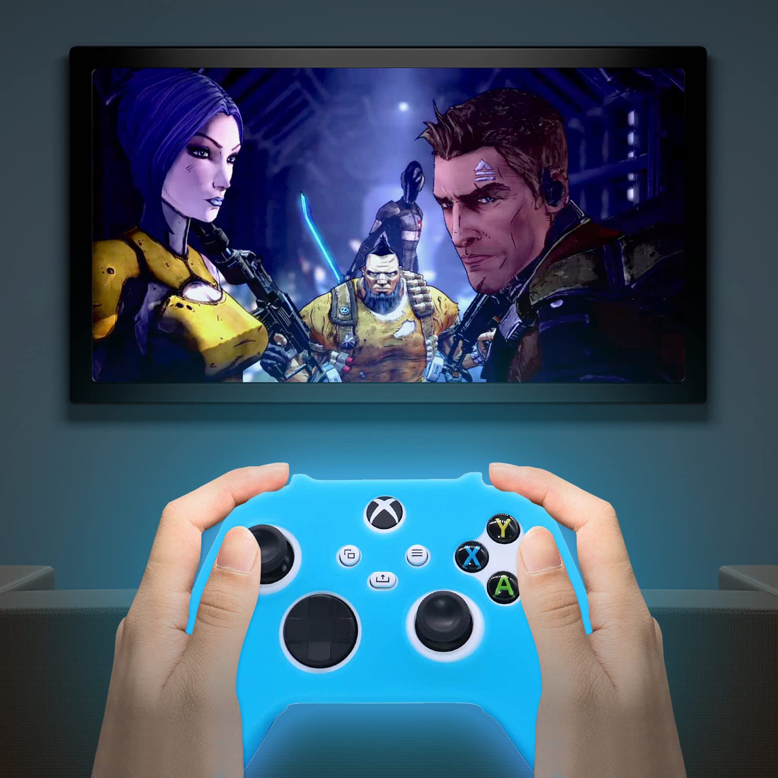 HLRAO Blue Silicone Cover Skin for Xbox Series X/S Controller Glow in The Dark Anti-Slip Soft Rubber Case Protector Accessories Set with 8 Glow in The Dark Thumb Grips Caps + 2 Cute Cat Paw Caps.