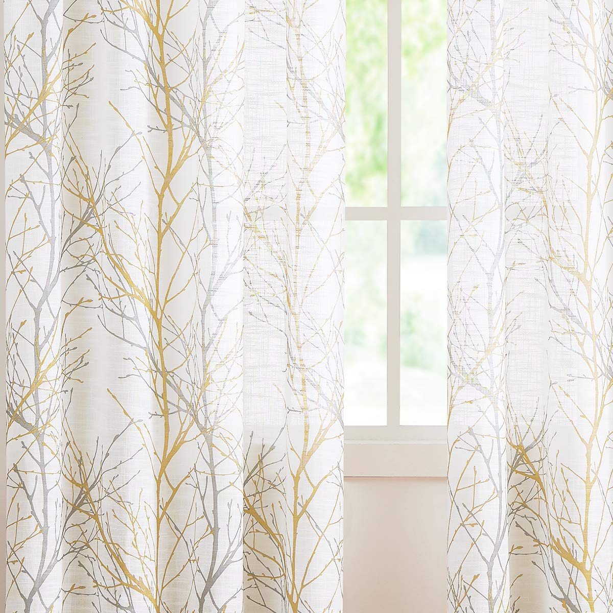 FMFUNCTEX Print Yellow Grey White Curtains for Living Room Linen Textured Tree Branches Pattern Window Treatment Set for Bedroom Window Drapes 50" W x 96" L - (2 Panels) Rod Pocket