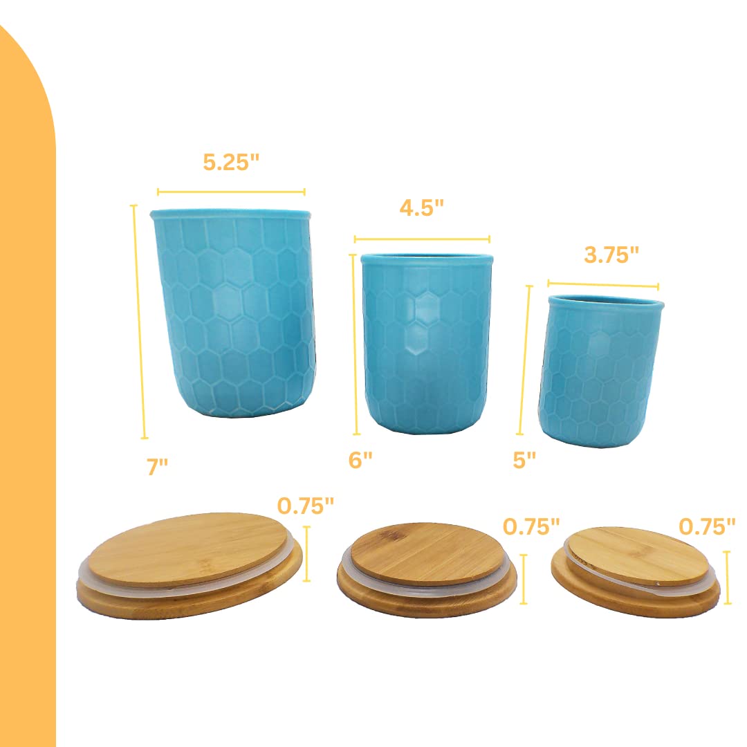 First of a Kind Kitchen Canisters - Blue Stoneware Canisters with Bamboo Lids, Set of 3 Storage Canister Container Set - Honeycomb Design, Ceramic Food Canister Jars for Tea, Sugar & Flour Storage