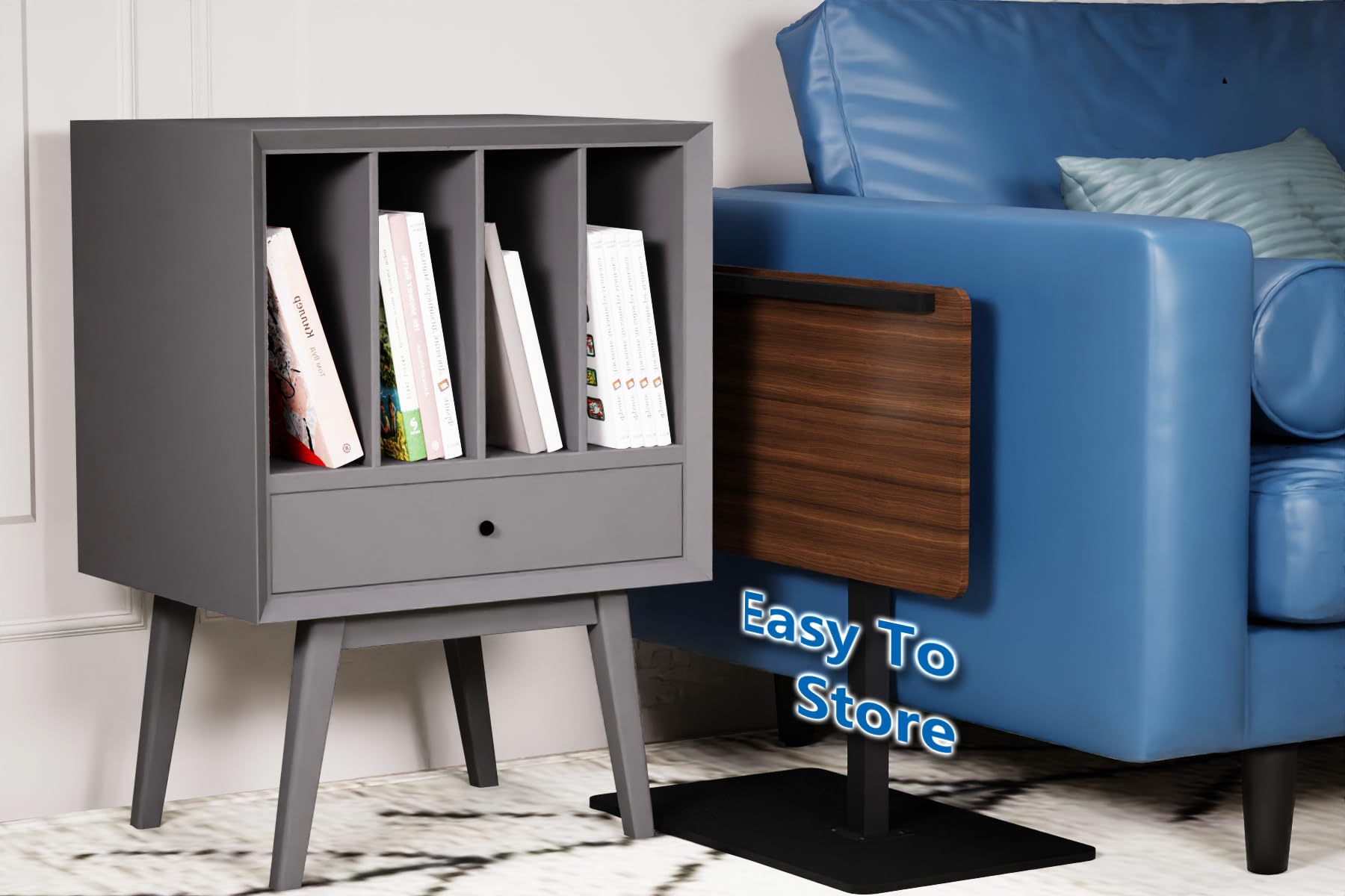 PzewMo C Shaped End Table,20" W x 14" L,17"-31" Adjustable Height,Swivel and Turnable Desktop,Foldable Side Table for Small Spaces,Black Walnut