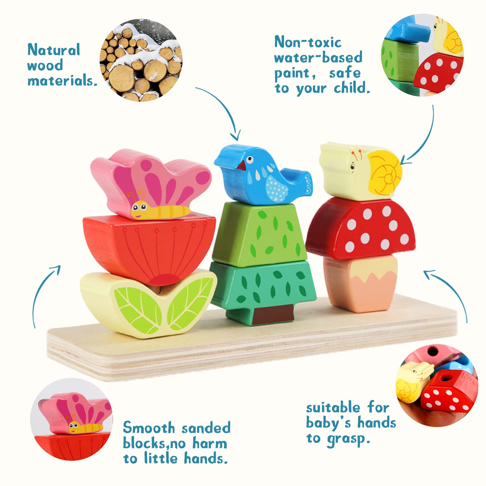 Xylolin Wooden Garden Stacker, Toddler Stacking Toys Garden Blocks, Sorting and Stacking Blocks for Toddlers 1-3, Preschool Early Learning and Educational Toys for Kids
