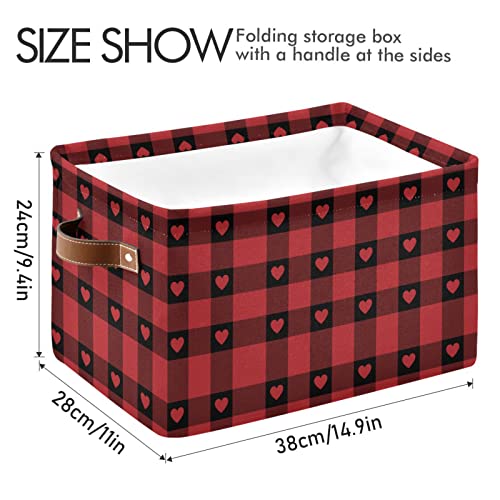 senya Valentine's Day Basket with Handles, Valentine's Day Red Buffalo Check Love Heart Foldable Fabric Collapsible Storage Bins Organizer Bag for Storage Clothes