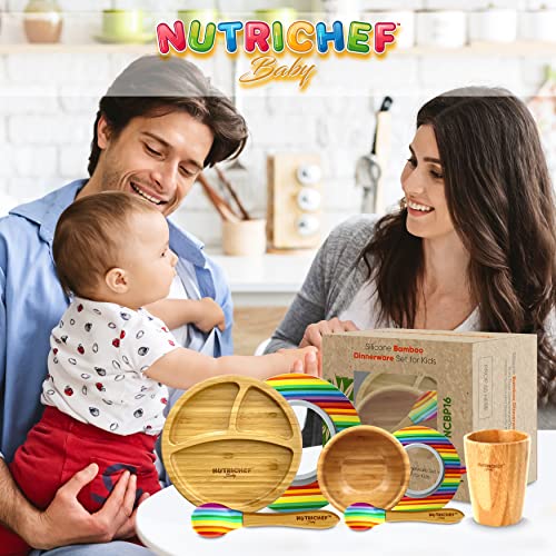 Nutrichef Baby and Toddler, 3 Compartment Plate, Bowl, Cup and Spoon Feeding Set- Silicon Suction, Non-toxic All Natural Bamboo Baby Food Plate (Stripe Set)