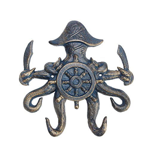 RCSTOONE Pirate Octopus Hooks, Boy's Room Decor Cast Iron Vintage Octopi Coat Hooks, Antique Hanger Hat Hooks Versatile Towel Hooks Med Style Nautical Bathrooms Home Decor, Blue, R3