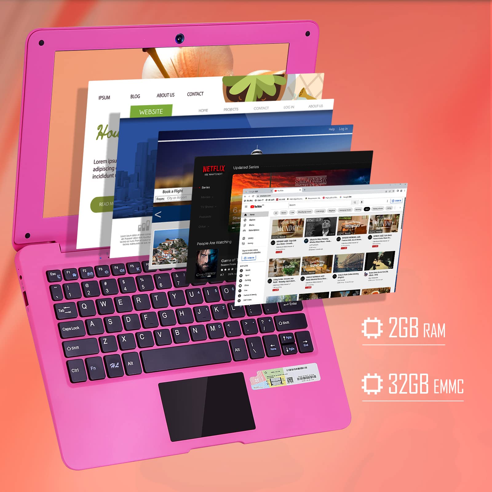 G-Anica Laptop Computer, 10.1 Inch Windows 10 Quad Core Notebook, Netbook Computer with WiFi, Webcam HDMI, Mini Laptop with Bag, Mouse, Mouse Pad and Earphone for Kids and Adults(Pink