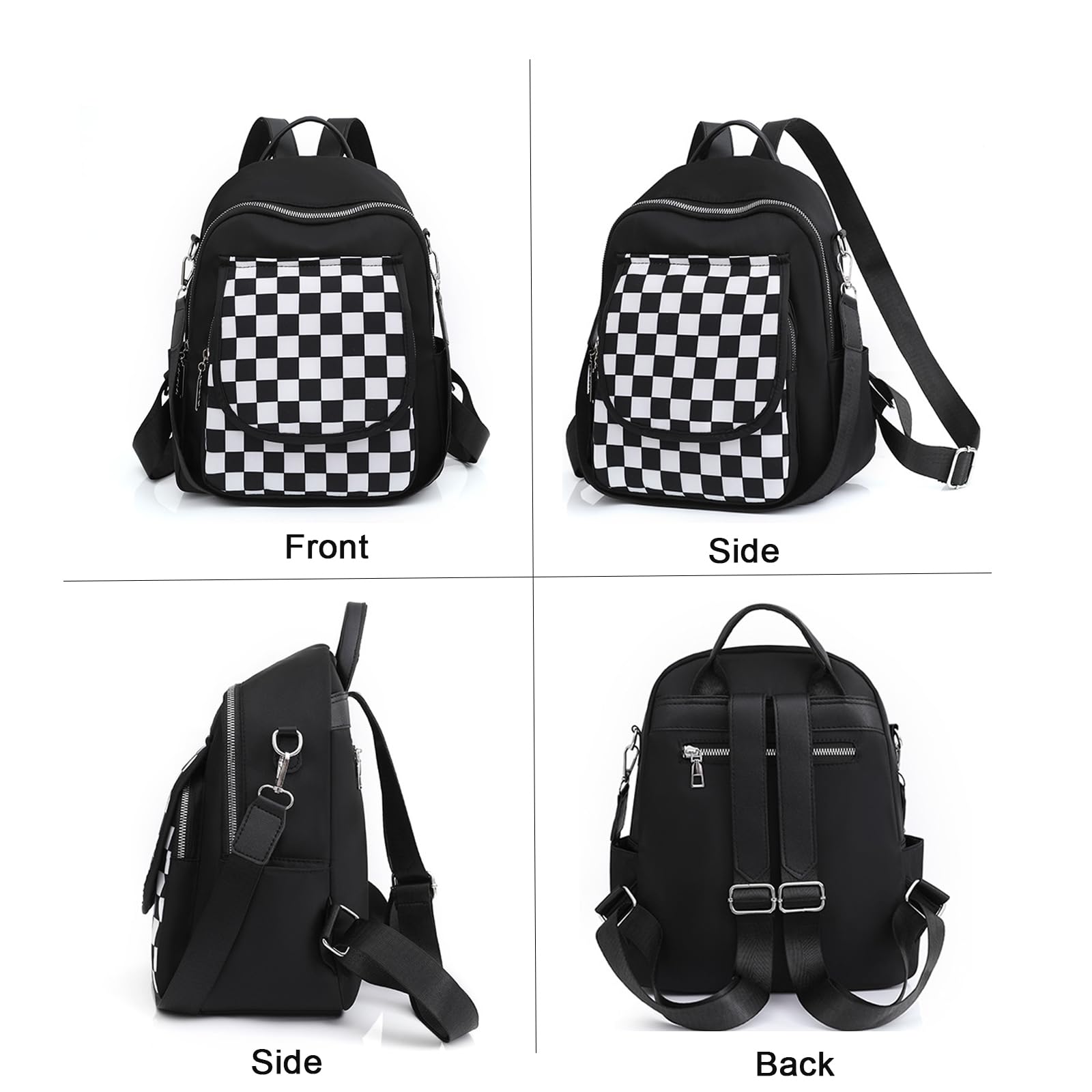 FARMARK Black White Checkered Plaid Small Backpack Purse for Women, Mini Designer Travel Backpack Purses Nylon Fashion Ladies Shoulder Bag with Convertible Strap